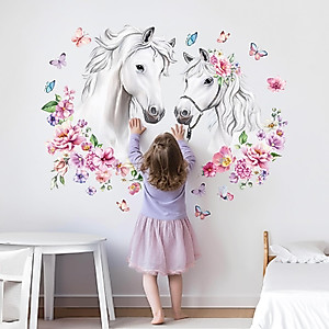 decalmile White Horse Flower Wall Decals Farm Animal Floral Butterfly Wall Stickers Baby Nursery Bedroom Living Room Wall Decor