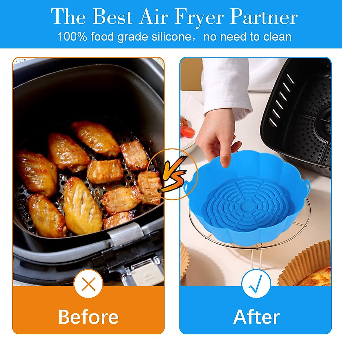 Silicone Air Fryer Liners 3 Pack Reusable Air Fryer Silicone Tray Basket Air fryers Silicone Pot Suitble for 3.5—5QT or Bigger Air fryers Oven（Blue,Grey,Pink)