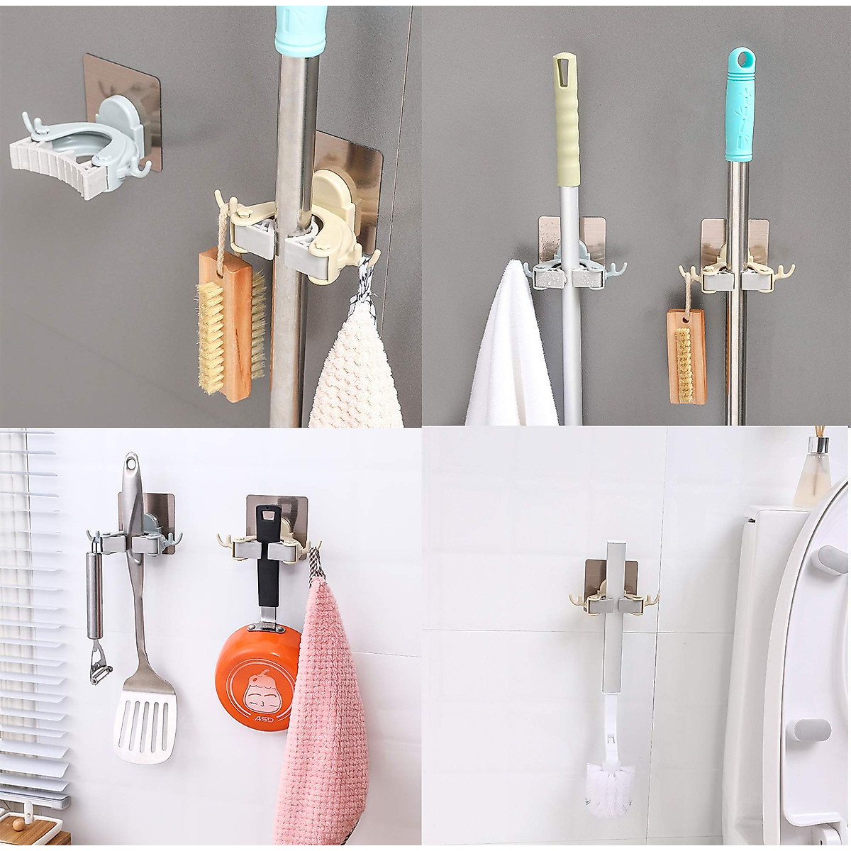 WAVALP Broom Holder Wall Mount with Command Hooks Heavy Duty Mops Holder Organizer with Command Strips Anti-Slip Home Storage and Organization Tool (White 6 pcs)