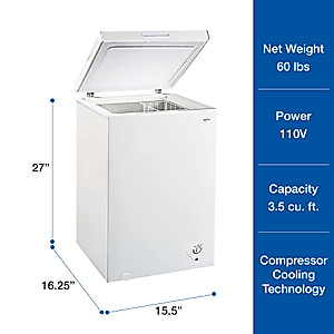 Koolatron Compact Chest Freezer, 3.5 cu ft (99L), White, Manual Defrost Deep Freeze, Storage Basket, Space-Saving Flat Back, Stay-Open Lid, Front-Access Defrost Drain, for Apartment, Condo, Cottage