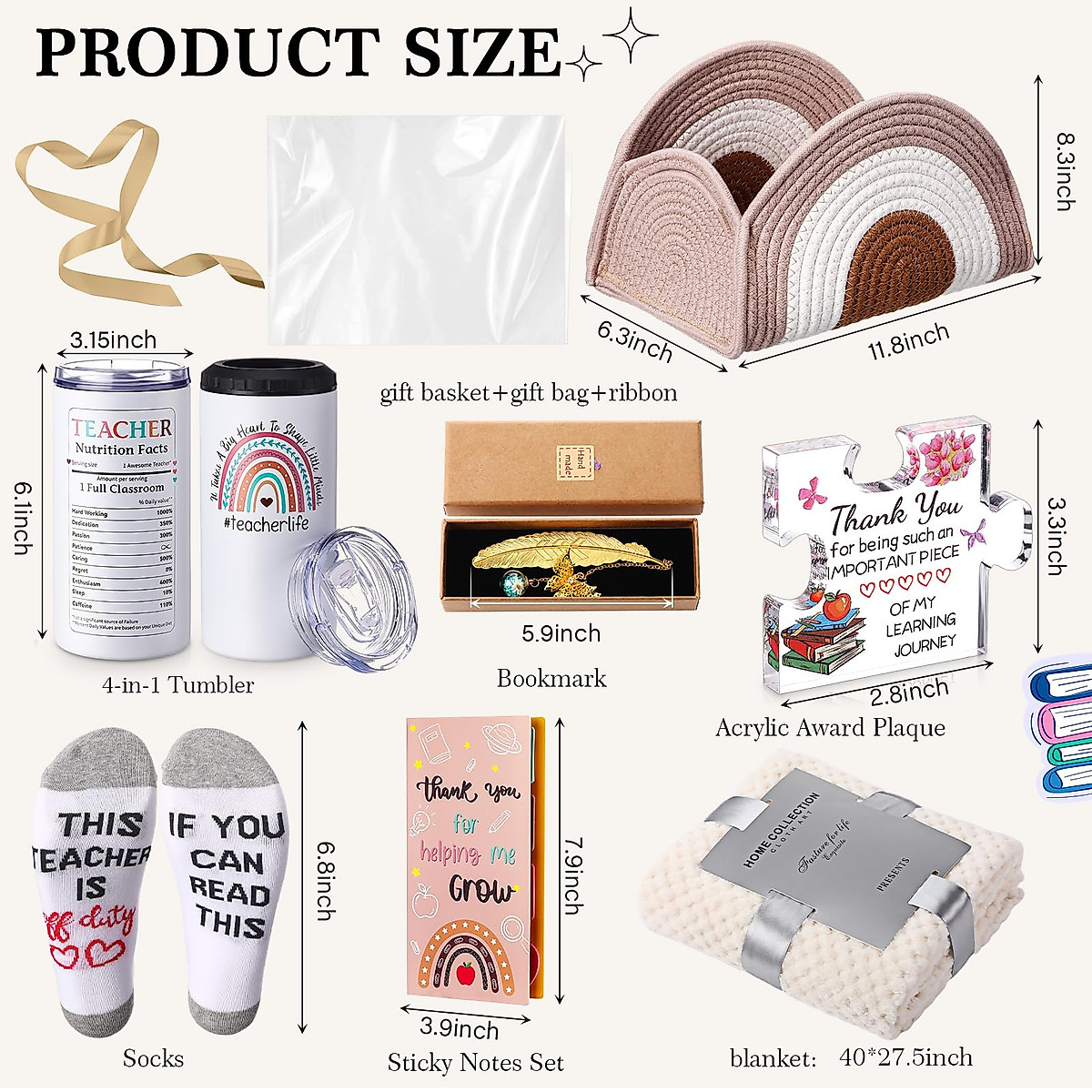 Zopeal Teacher Appreciation Gift Set 9 in 1 Teacher Birthday Favor Thank You Woven Basket Tumbler Thank You Gifts for Man Woman Valentines Mothers Day(White)