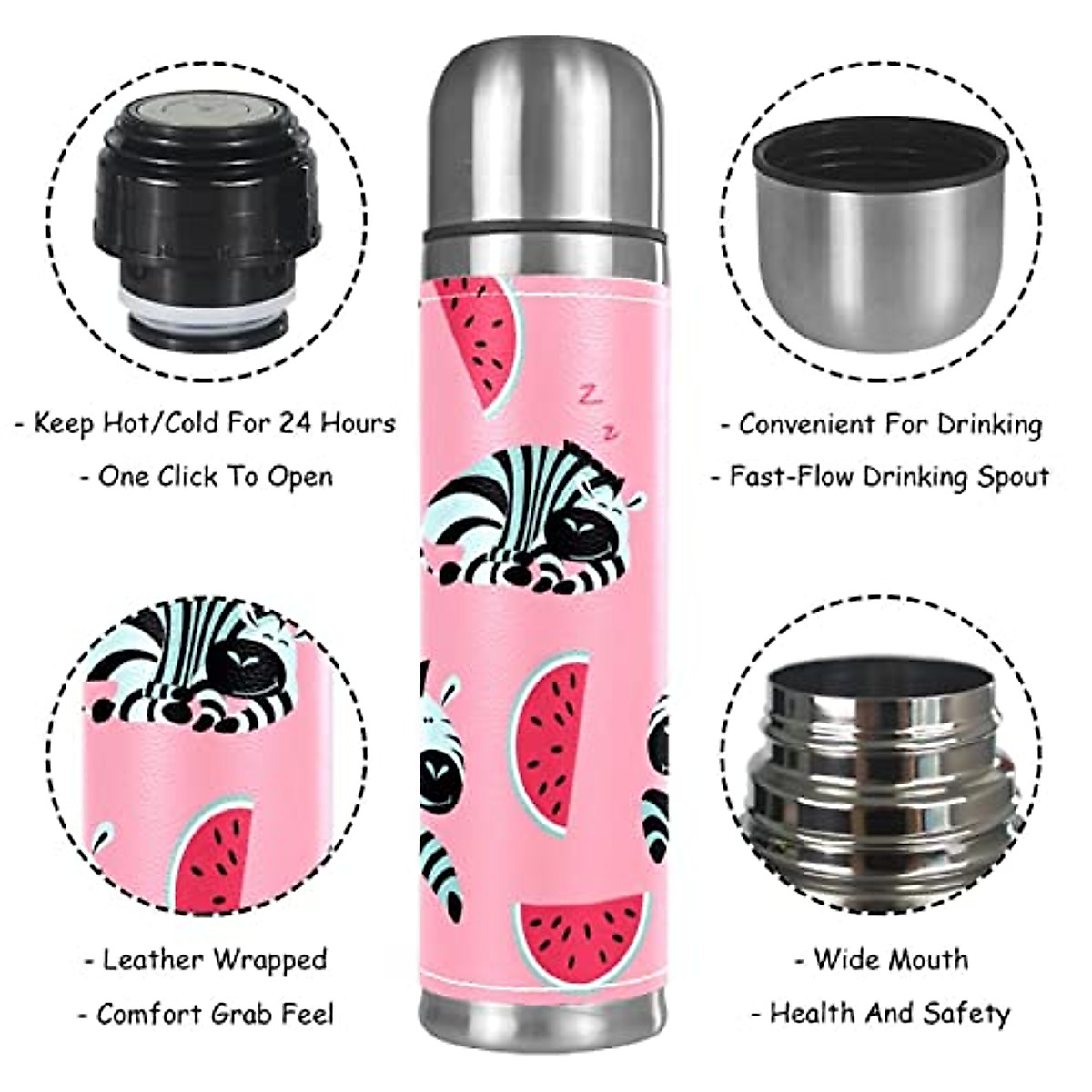 Cute Zebras and Watermelon Pink Stainless Steel Water Bottle, Leak-Proof Travel Thermos Mug, Double Walled Vacuum Insulated Flask 17 OZ