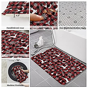 Libaoge Kitchen Mat Rug Set of 2 Christmas Elk Gift Snowflake Buffalo Red Black Plaid Runner Rug Anti-Fatigue Comfort Memory Foam Standing Mat Non-Slip Floor Door Mat for Bathroom 18x30in+18x60in