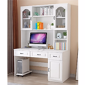 KIRANDY Girls' Bedroom Study Desk and Bookshelf Combo, Computer Desk with Drawers (Color : White 90x50x182.5cm Solid Wood)