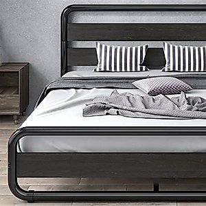 SHA CERLIN Black Queen Size Bed Frame with Wooden Headboard and Footboard, Heavy Duty Oval-Shaped Platform Bed with Under-Bed Storage, Noise Free, No Box Spring Needed