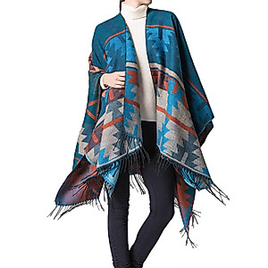 xxxiticat Women's Native American Trendy Cashmere Plaid Pattern Wrap Shawl Cardigan Poncho Cape Scarf(BE) Blue