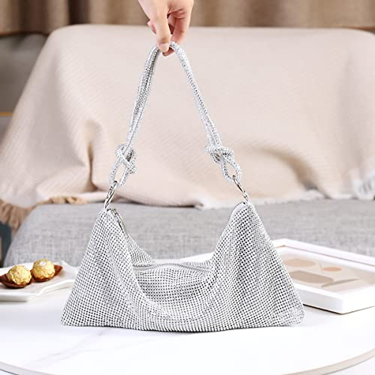 Autumnwell Rhinestone Purse Sparkly Bag Silver Diamond Purses for Women Evening Prom Rhinestone Handbag Hobo Bag