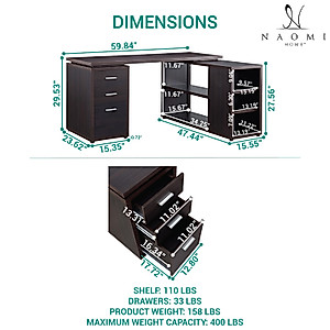Naomi Home Ariel L Shaped Executive Desk with Drawers, Wood Home Office Corner Desk, File Drawer, Storage Cabinet, 60 inch Computer Writing Desk- Espresso
