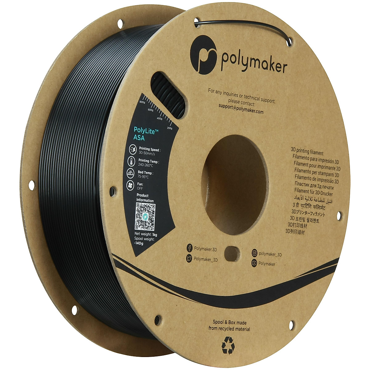 Polymaker ASA Filament 1.75mm Jet Black ASA, 1kg Heat Resistant Weather Resistant ASA 1.75 Cardboard Spool - PolyLite ASA 3D Printer Filament Jet Black, Perfect for Printing Outdoor Functional Parts