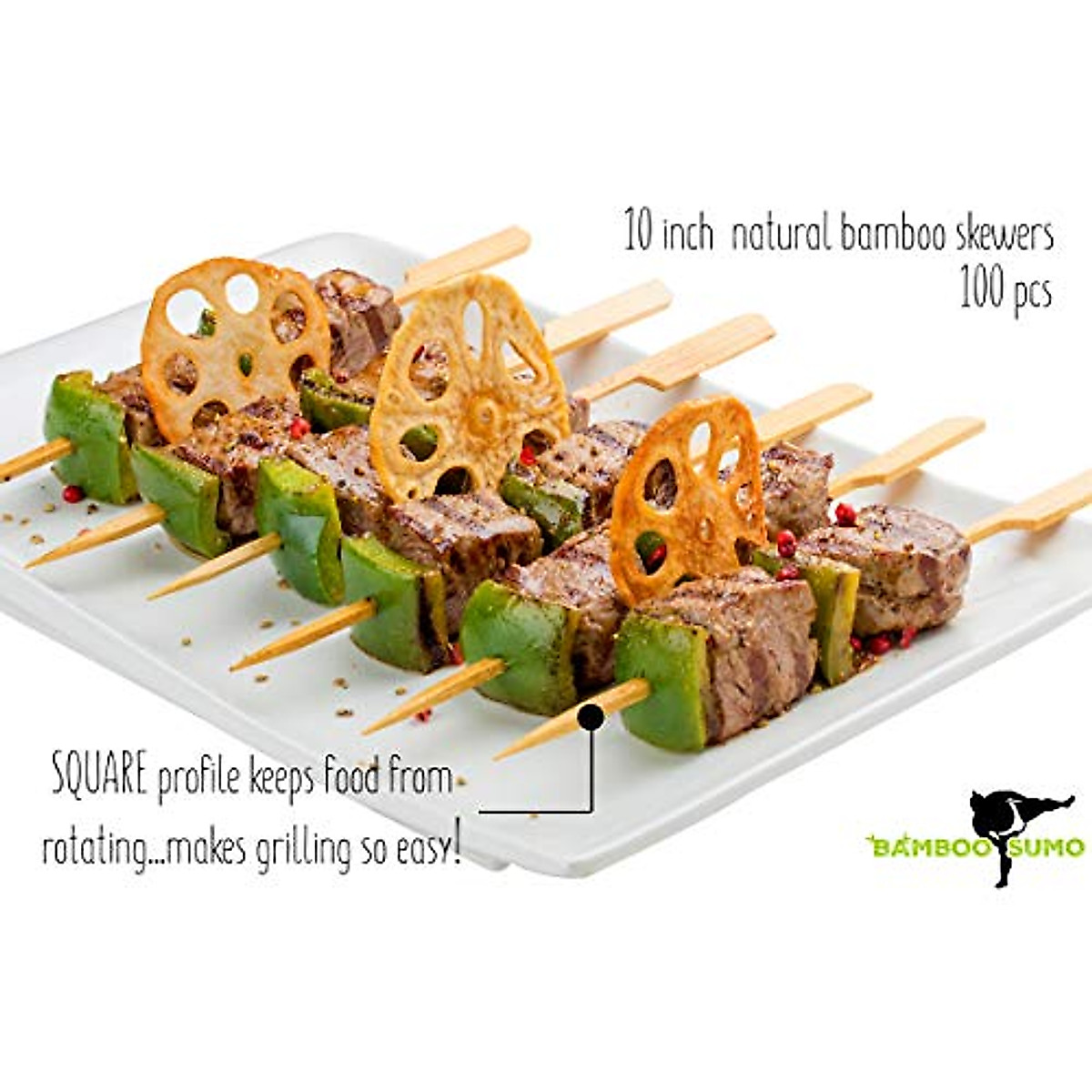 BAMBOOSUMO 10" Bamboo Shish Kabob skewers for Grilling | Extra Long | Flat Wood Skewer Shape w/Flag Paddle Handle