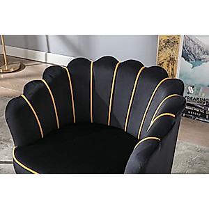 Modern Velvet Accent Chair with Ottoman Set, Upholstered Tufted Barrel Chair Leisure Chair with Footrest and Metal Legs for Living Reading Room Bedroom Office (Black)