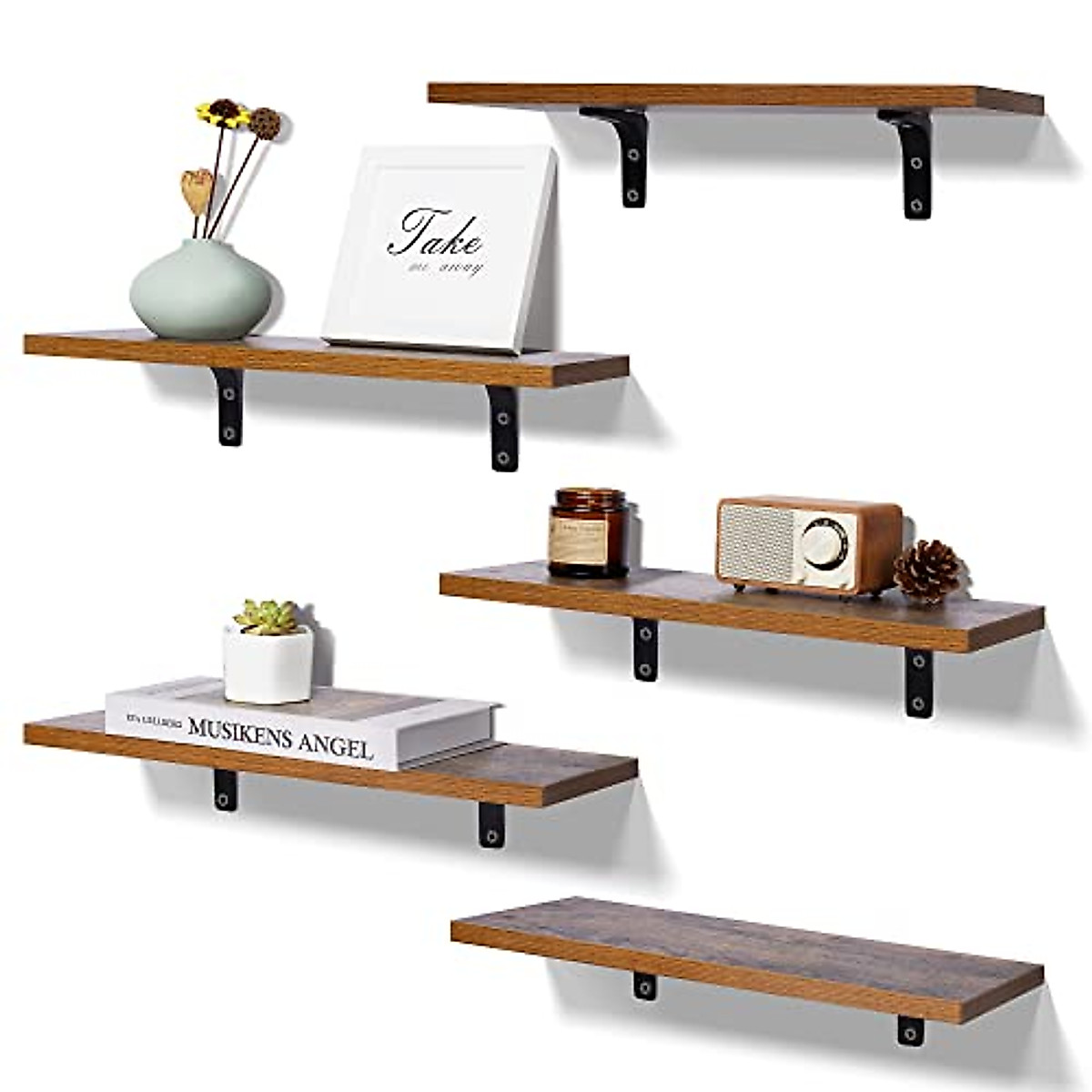 upsimples Floating Shelves for Wall Décor Storage, Wall Mounted Shelves Set of 5, Sturdy Wood Floating Shelves with Metal Brackets for Bedroom, Living Room, Bathroom, Over Toilet, Kitchen, Dark Brown