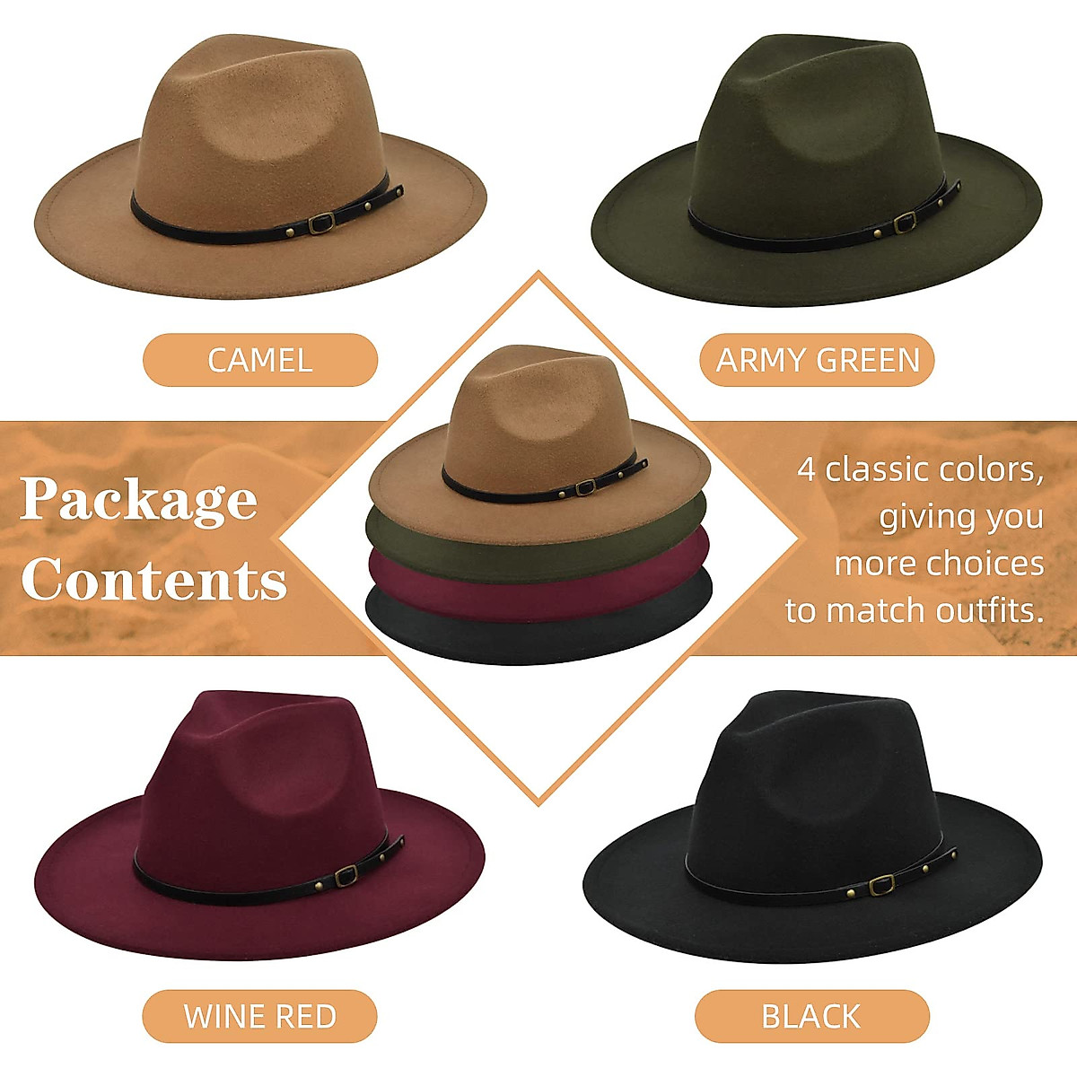Women Classic Wide Brim Fedora Hat, 4 Pack Retro Panama Hat Wool Fedora Hat with Belt Buckle (Black+Army Green+Camel+Wine Red)