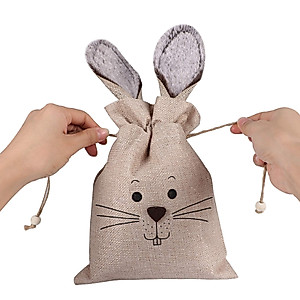 3 Pack Easter Burlap Bags Easter Bunny Tote with Drawstring Furry Bunny Ears Rabbit Easter Egg Hunts Goody Candy Treat Gift Storage Bags Kids Girls Easter Party Favor Bags(8" x 10.2")
