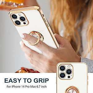 Hython Case for iPhone 14 Pro Max Case with Ring Stand [360° Rotatable Ring Holder Magnetic Kickstand] [Support Car Mount] Plated Rose Gold Edge Soft TPU Luxury Protective Phone Case Cover, White
