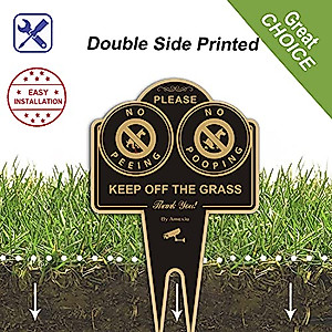 Amexiu No Pooping No Peeing Dog Sign, Keep off Grass Yard Sign Double Sided 15 x 9.5 X 0.08 Inches Rust Free Aluminum Sign, Easy Mounting Waterproof Durable Ink Black Gold Color, 1 Pack