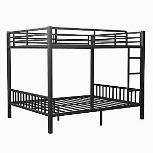 Luckiofvonne Queen Over Queen Bunk Bed for Adults, Heavy-Duty Metal Bunk Bed Frame with Ladder, High Guardrail and Slats Support, No Box Spring Needed, Black