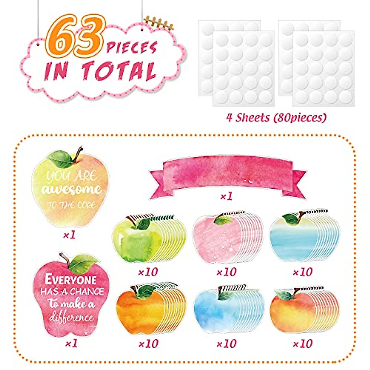 63 Pieces Paper Fruit Cutouts Bulletin Board Set, Watercolor Fruit Accent Cutouts Classroom Wall Decorations Motivational Fruit Calendar Decor Name Tags for Back To School, First Day of School