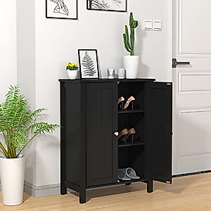 COSTWAY Bathroom Floor Cabinet - Freestanding Side Storage Organizer with Double Doors & Adjustable Shelf, Wooden Storage Cabinet for Living Room, Bedroom, Kitchen, Entryway (Black)
