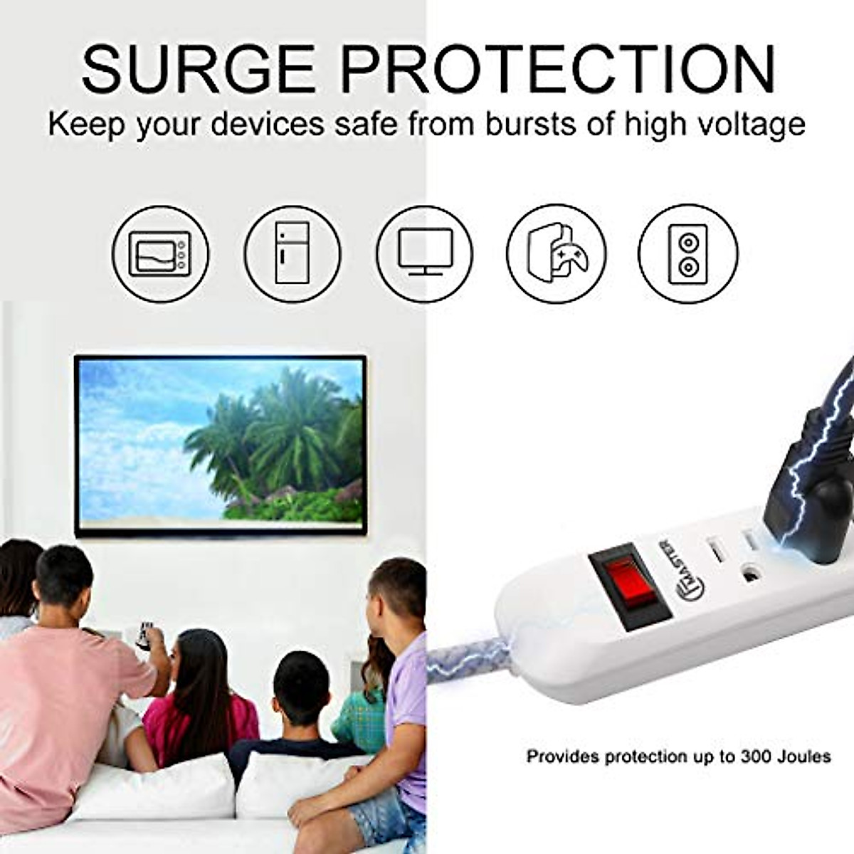 Power Strip Surge Protector CFMASTER 6 Outlets 2ft Long Extension Cord with Braided Fabric, 300 Joules, Wall-Mounted Strip, Overload Protection, for Home, Office (2 Pack)