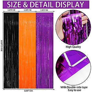3 Pack Halloween Black Orange Tinsel Foil Fringe Curtain 8x9.84 Ft Backdrop Curtain Black and Orange Streamers for Home Outdoor Halloween Party Photo Booth Props Decorations