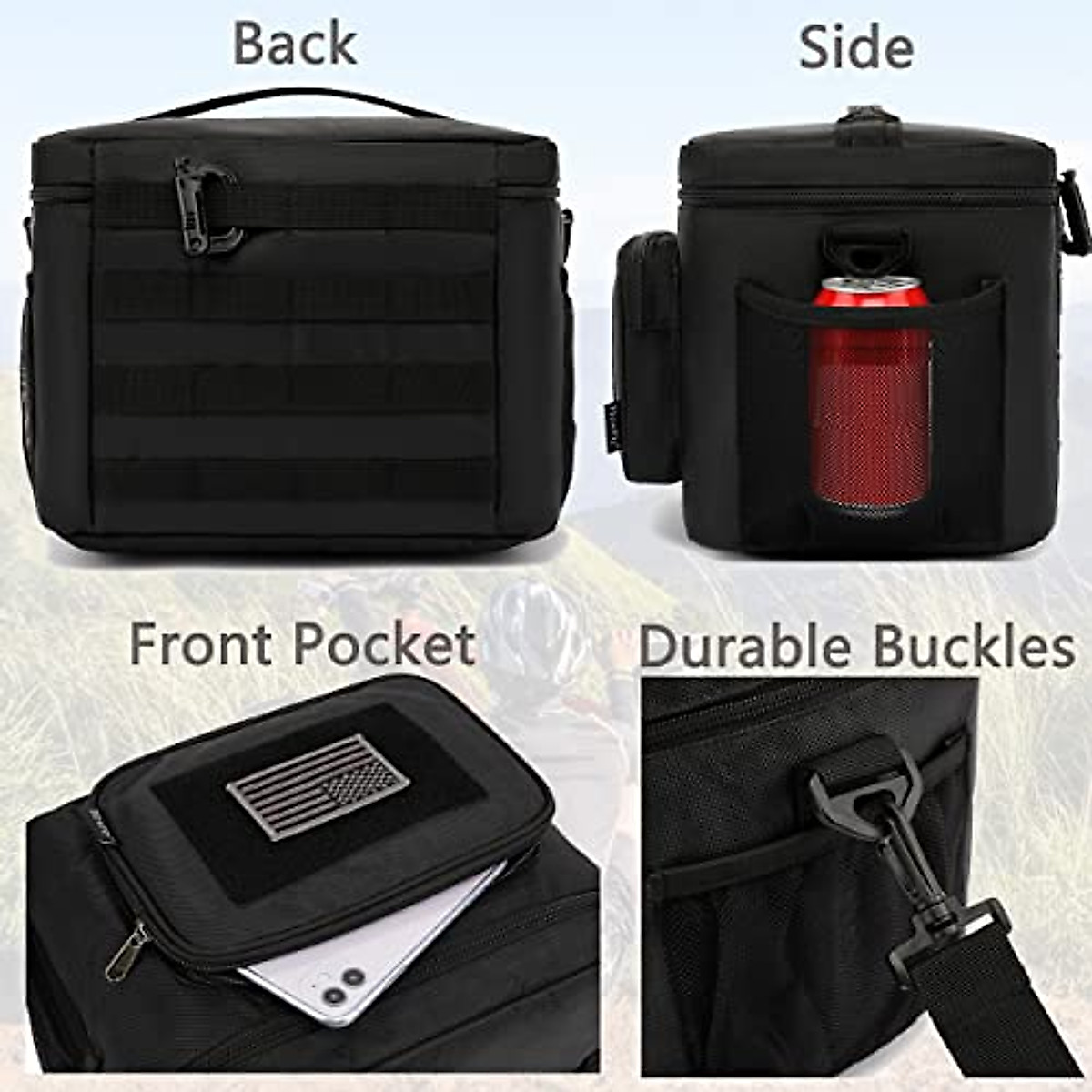 FlowFly Tactical Lunch Bag Large Insulated Lunch Box Cooler Tote for Men, Women with MOLLE / PALS Webbing (Black)