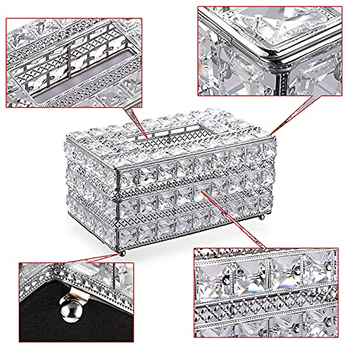 Sumnacon Crystal Rectangular Tissue Box Cover - Decorative Glass Tissue Holder, Sparkling Napkin Facial Tissue Holder for Bathroom Dresser Night Stand Desk Table Office Home Decor, Silver