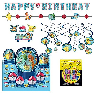 Pokémon Birthday Party Supplies and Decorations Pack: Pokémon Party Supplies and Decorations; Banner, Swirls, Centerpiece, Birthday Candle Set, and more