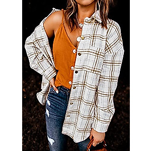 PRETTYGARDEN Women's 2023 Fall Clothes Plaid Shacket Jacket Long Sleeve Button Down Flannel Shirts Fashion Blouse(Plaid Khaki,Large)
