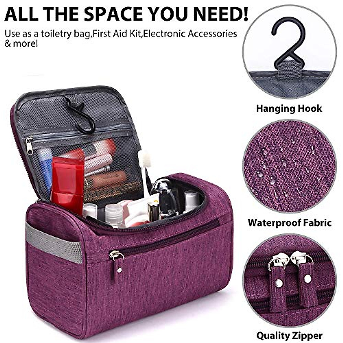 SELLYFELLY Hanging Toiletry Bag for Travel Women Storage Shower Bag Men's Shaving Bag Dopp Kit Organizer With Hook