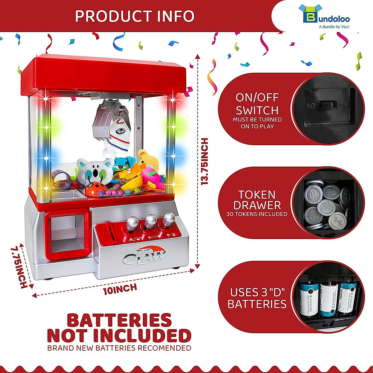 Bundaloo Claw Machine Arcade Game - Electronic Mini Candy and Toy Grabber Dispenser for Kids - with Lights Sound & 4 Mini Plush Animals (Red)