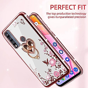 KuDiNi for TCL 4X 5G (T601DL) Case, Alcatel TCL 20A 5G (T768S) Case for Women Glitter Crystal Soft Bling Butterfly Heart Floral Clear Protective Cover with Kickstand+Strap for TCL 4X 5G (Rose Gold)