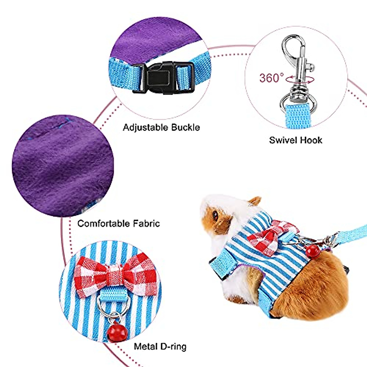 Filhome Small Pet Harness Vest and Leash Set with Bowknot and Bell Decor Chest Strap Harness Adjustable Soft Breathable for Outdoor Walking Guinea Pigs, Ferret, Chinchilla(Blue)