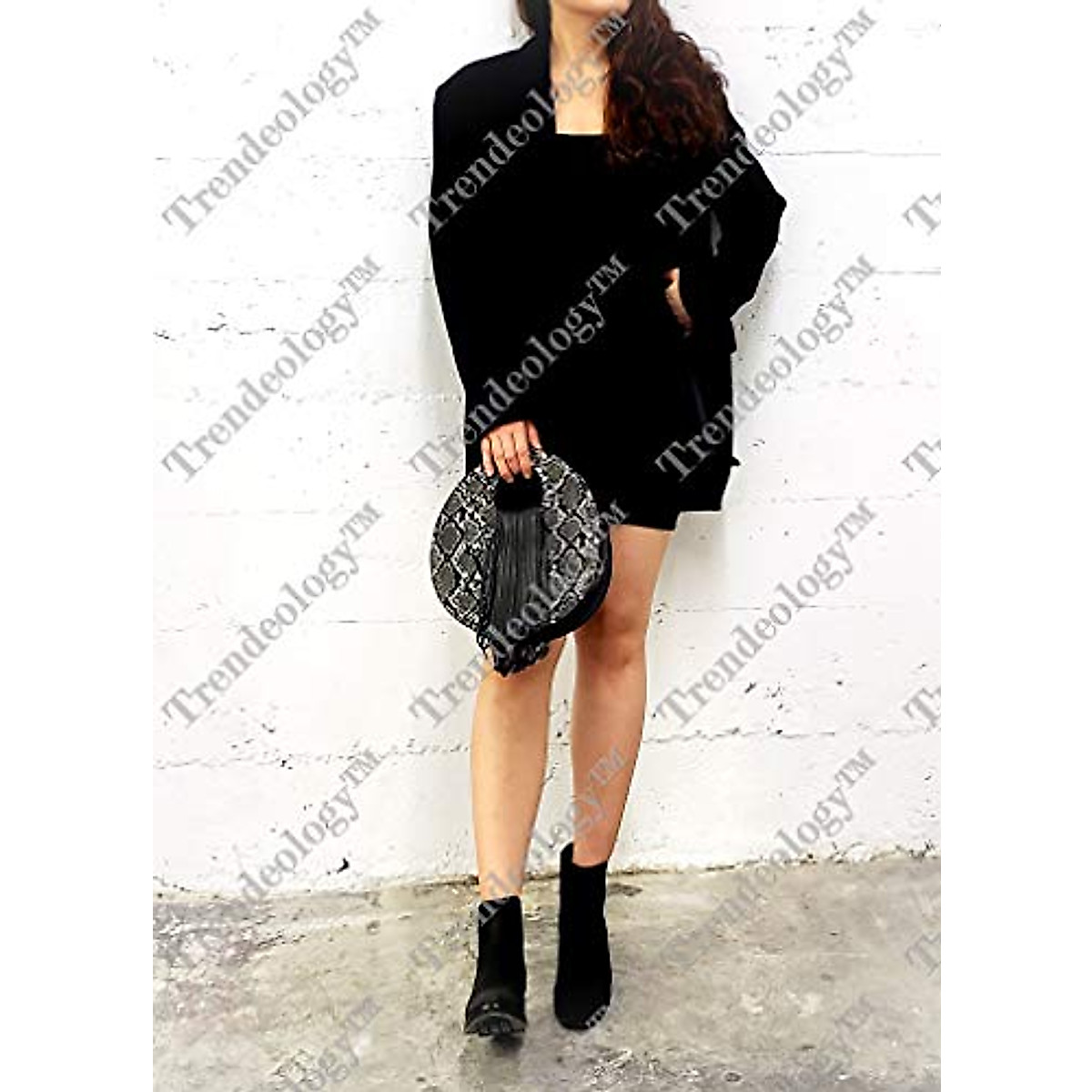 Snake Print Fringed Cut-out Handle 2-Way Medium Satchel Bag Purse Clutch Crossbody (Dark Silver Hardware - Black)