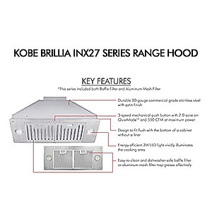 KOBE INX2730SQB-700-2 Brillia 30-inch Built-in/ Insert Range Hood, 3-Speed, 550 CFM, LED Lights, Baffle Filters, Stainless Steel