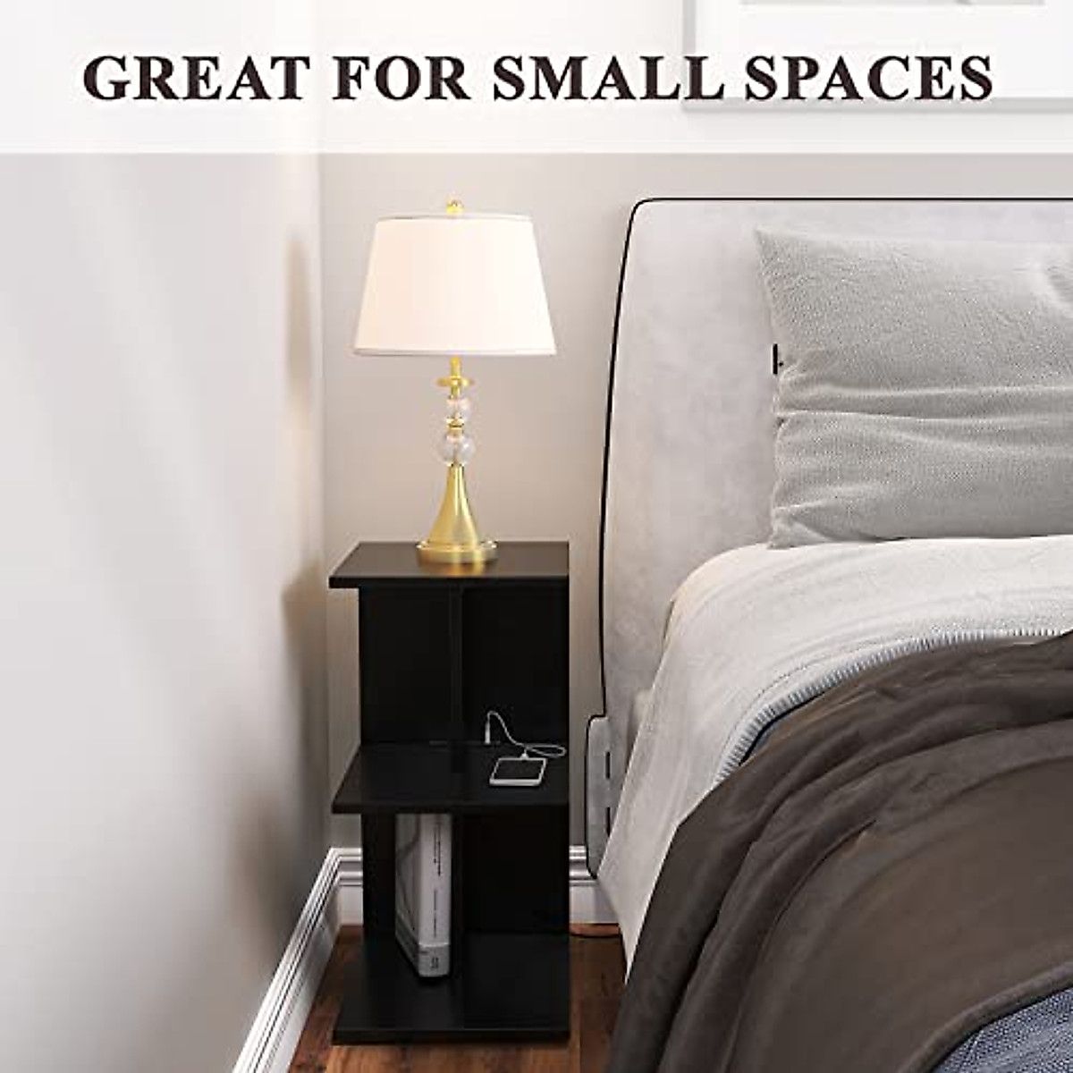 ZGREN End Table with Charging Station, Narrow Side Tables for Small Spaces with USB Ports and Outlets Rolling Bedside Nightstand Sofa Couch Side Slim Shelf Night Stand for Living Room, Bedroom, Black