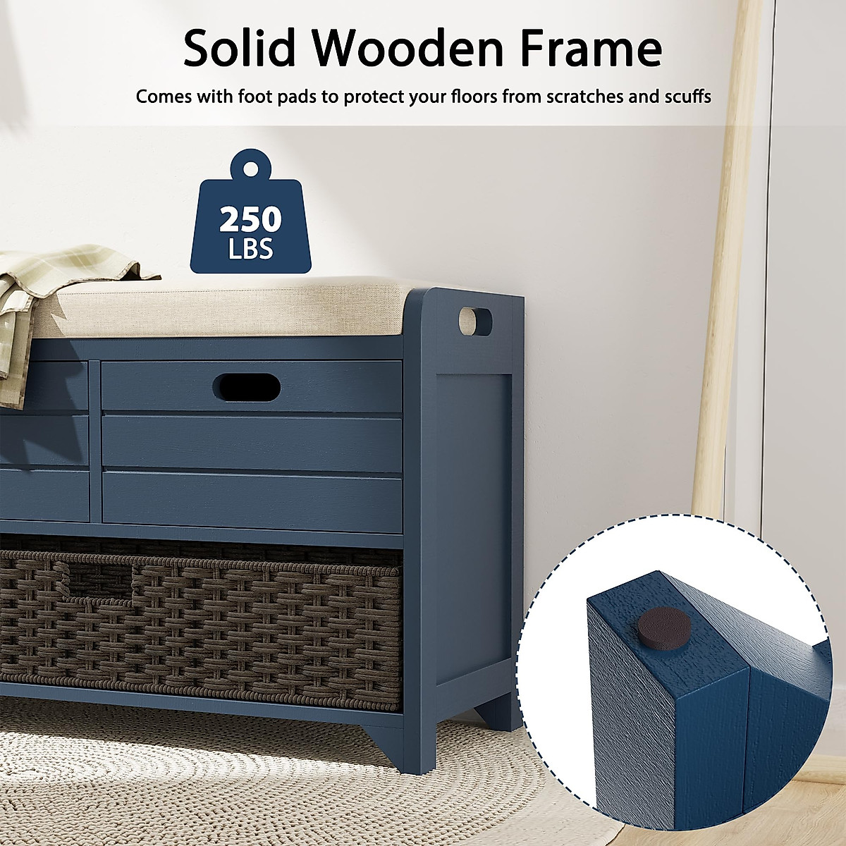 ROOMTEC 32" Storage Bench for Entryway, Shoe Bench with Storage Removable Basket and 2 Drawers, Entryway Bench with Shoe Storage, Entryway Storage for Hallway, Mudroom and Living Room, Navy