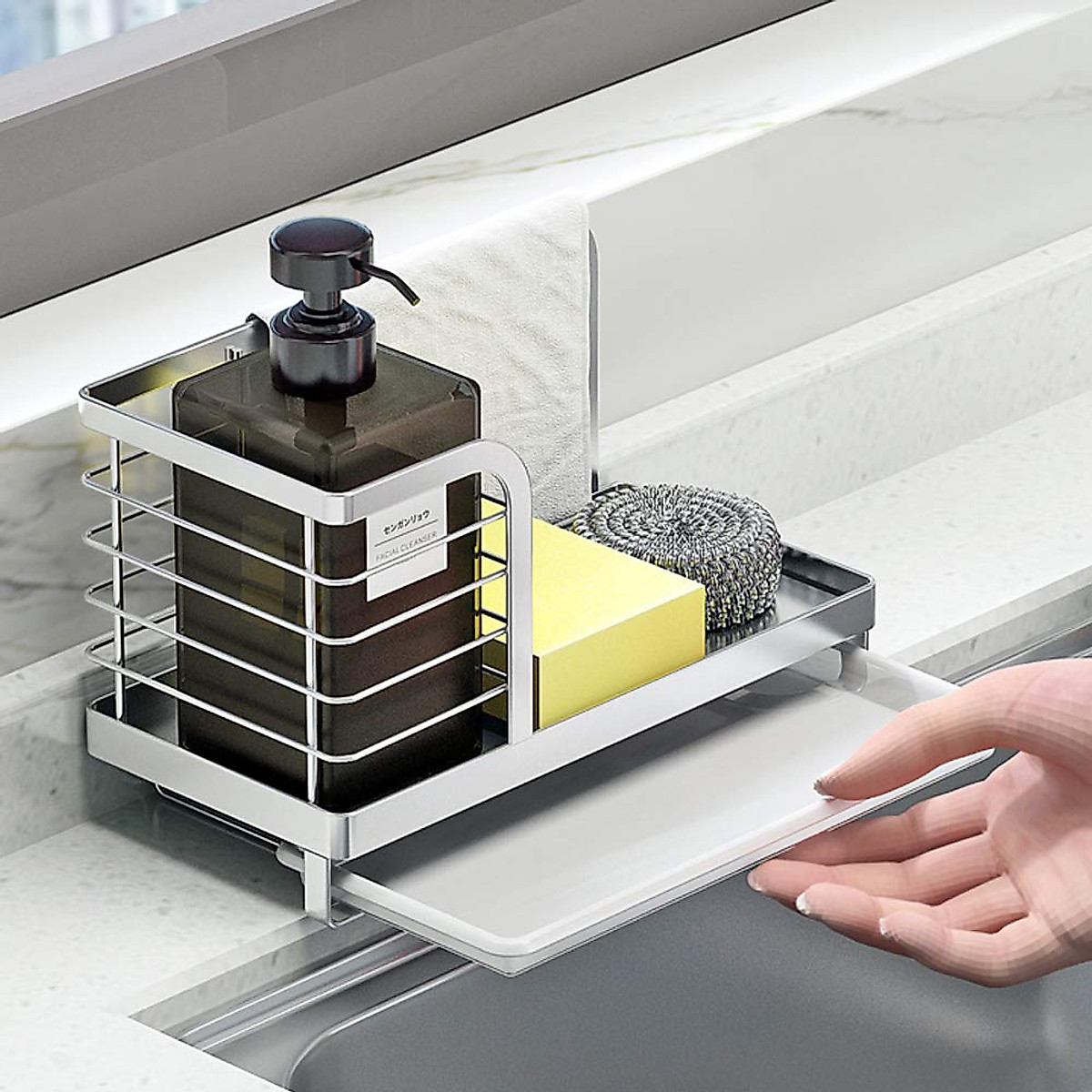 Kitchen Countertop Dish Soap and Dishwashing Brush Holder, SUS 304 Stainless Steel Sponge Organizer, Basket for Cleaning and Scrub Tool, Kitchen Sink Brush Caddy Holder