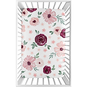 Sweet Jojo Designs Burgundy Watercolor Floral Girl Fitted Mini Crib Sheet Baby Nursery For Portable Crib or Pack and Play - Blush Pink, Maroon, Wine, Rose, Green and White Shabby Chic Flower Farmhouse