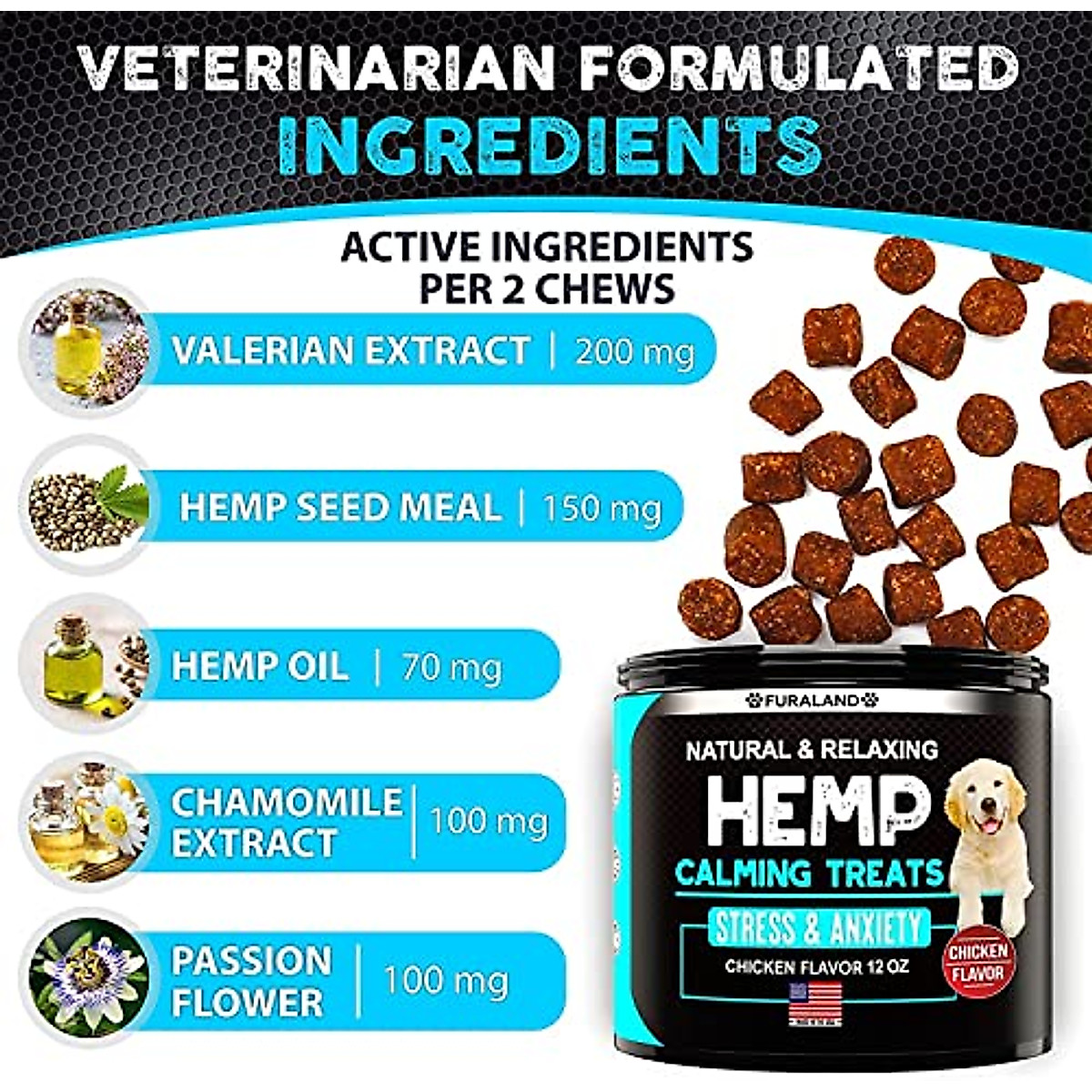 Hemp Calming Chews for Dogs with Anxiety and Stress - Dog Calming Treats - Storms Barking Separation - Valerian Root - Melatonin - Hemp Oil - Dog Anxiety Relief - Calming Treats for Dogs - Made in USA