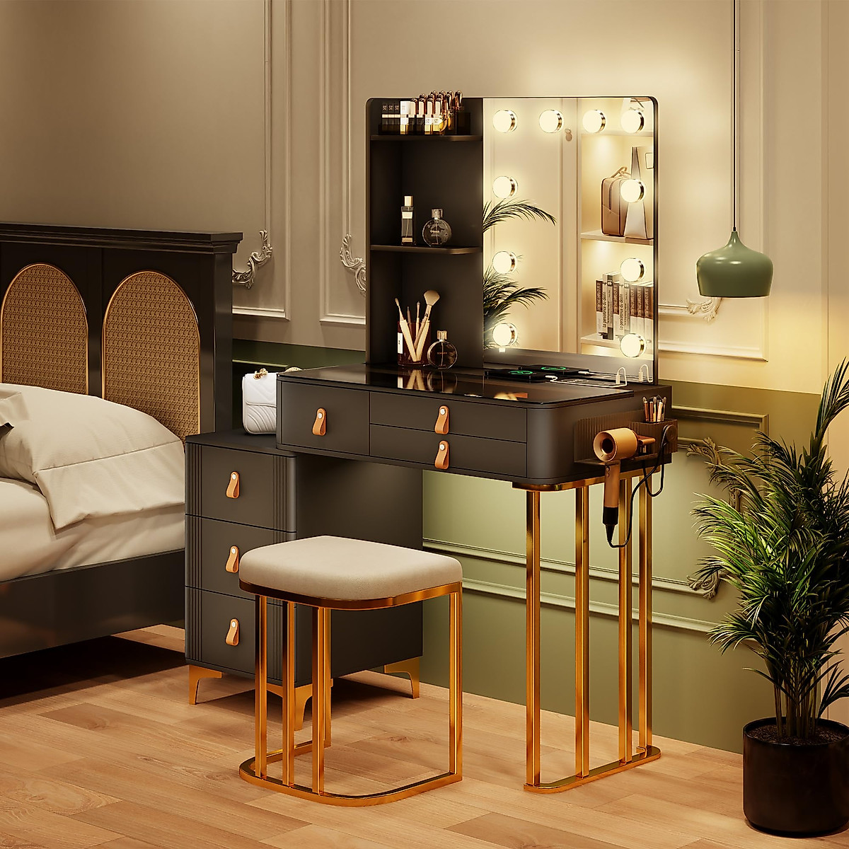 FREDEES Makeup Vanity with Lights-Vanity Desk with 10 Light Bulbs&3 Color Lighting Modes-Black Vanity Desk with Storage Dresser-Makeup Table with Mirror and Chair-Dressing Table with Glam Glass Top