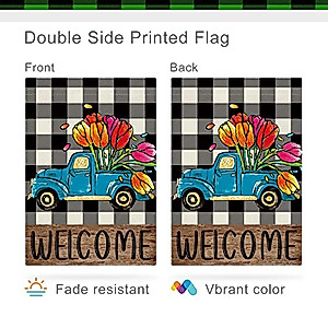 CMEGKE Spring Summer Truck Tulip Welcome Garden Flag, Spring Summer Floral Buffalo Plaid Garden Flag Spring Summer Garden Flag Rustic Vertical Double Sided Burlap Spring Floral Holiday Party Farmhouse Yard Home Outside Decor 12.5 x 18 In