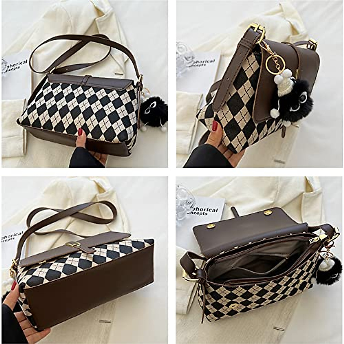 RTGGSEL Retro PU Leather Flap Shoulder Handbags for Women Quilted Lattice Tote Purse Ladies Designer Satchel Hobo Bag with Doll Pendant (Coffee)