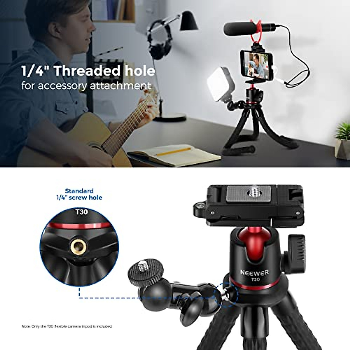 NEEWER Camera Flexible Tripod with Remote Shutter, Mount Adapter for Hero 11 10 9 8, Hidden Phone Holder with Cold Shoe, 1/4" Screw for Magic Arm, Bendable Vlogging Tripod, Load Up to 4.4lb - T30