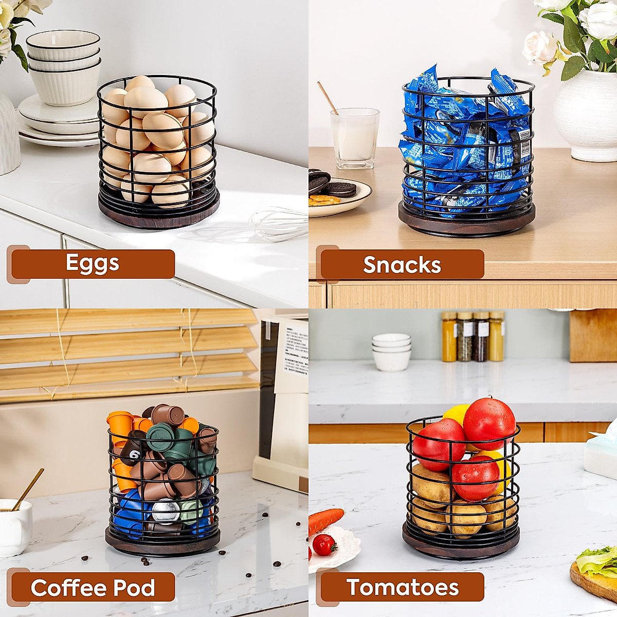 360°Rotating Utensil Holder for Kitchen Counter-6.5" Metal & Wooden Large Cooking Utensil Holder with Drainage Hole，Kitchen Utensil Storage Organizer for Countertops，Spatula Holder for Farmhouse Decor