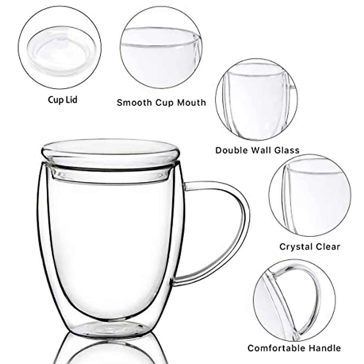 ALLYCE 15 Oz Double Walled Coffee Cups Glass Coffee Mugs Clear Coffee Mug with Lid Insulated Coffee Mug Perfect for Cappuccino,Tea,milk,Espresso,juice, Hot Beverage with Handle (15oz, with glass lid)