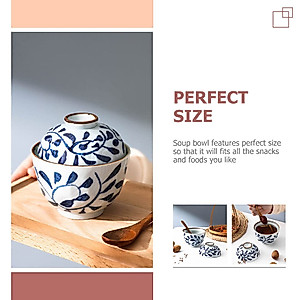 CALLARON Mixing Bowls Ceramic Stew Pot with Lid Steam Soup Bowl Steaming Cup Japanese Style Noodle Bowl Steamed Egg Bowl Custard Cups for Home Kitchen Egg Custard Birds Popcorn Bowl