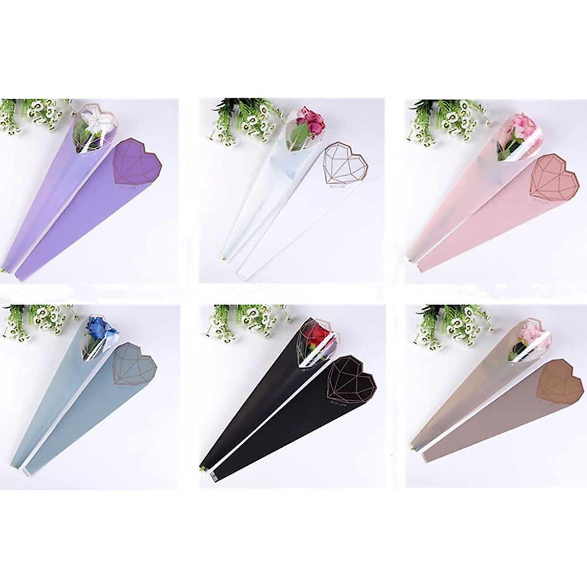 JOSON 24Pcs/6 color flower packaging bag single rose flower bag waterproof material simple diamond heart shape gift packaging