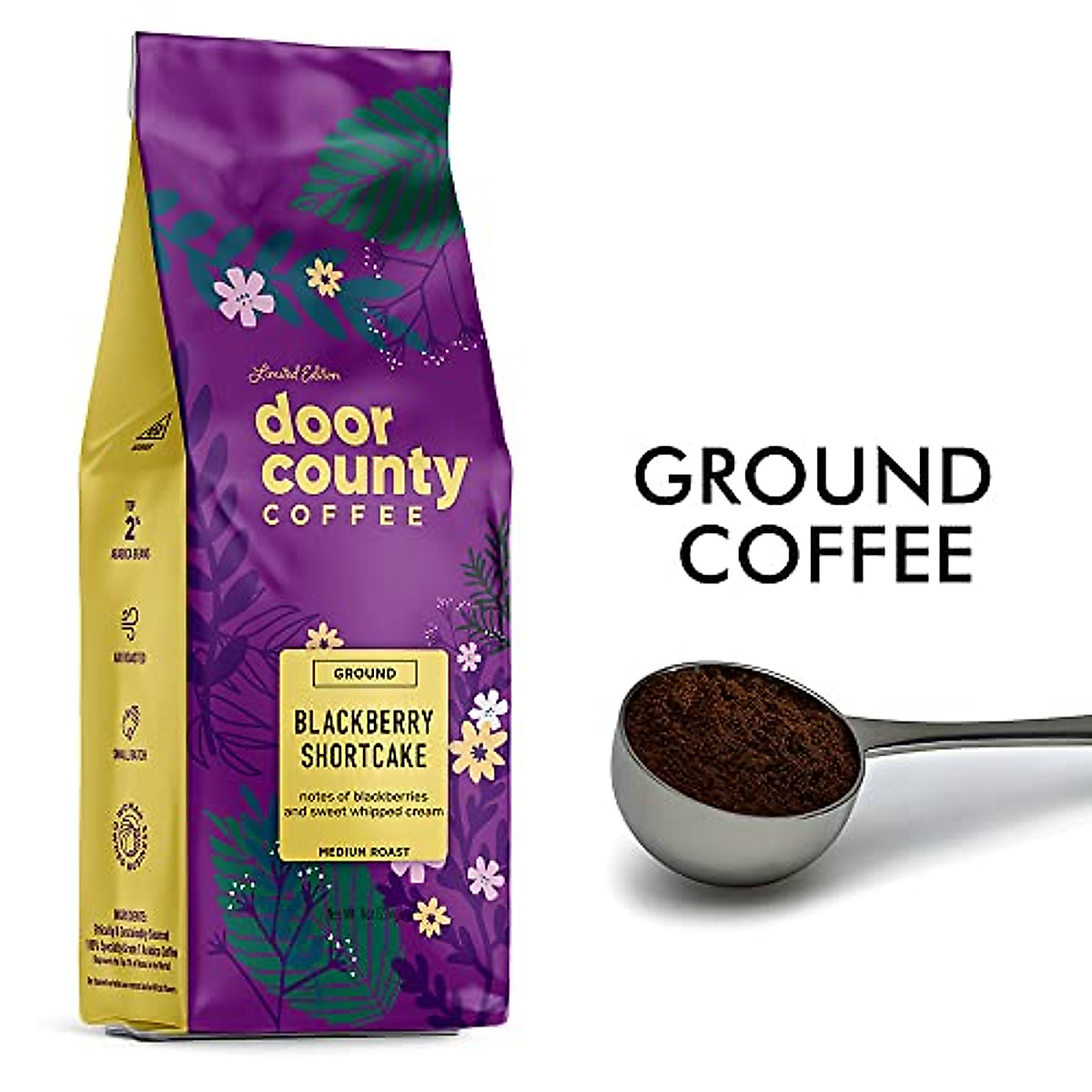 Door County Coffee - Spring & Summer Seasonal Blend - Blackberry Shortcake, Blackberry Shortcake Flavored Ground Coffee - Medium Roast, 8 oz Bag