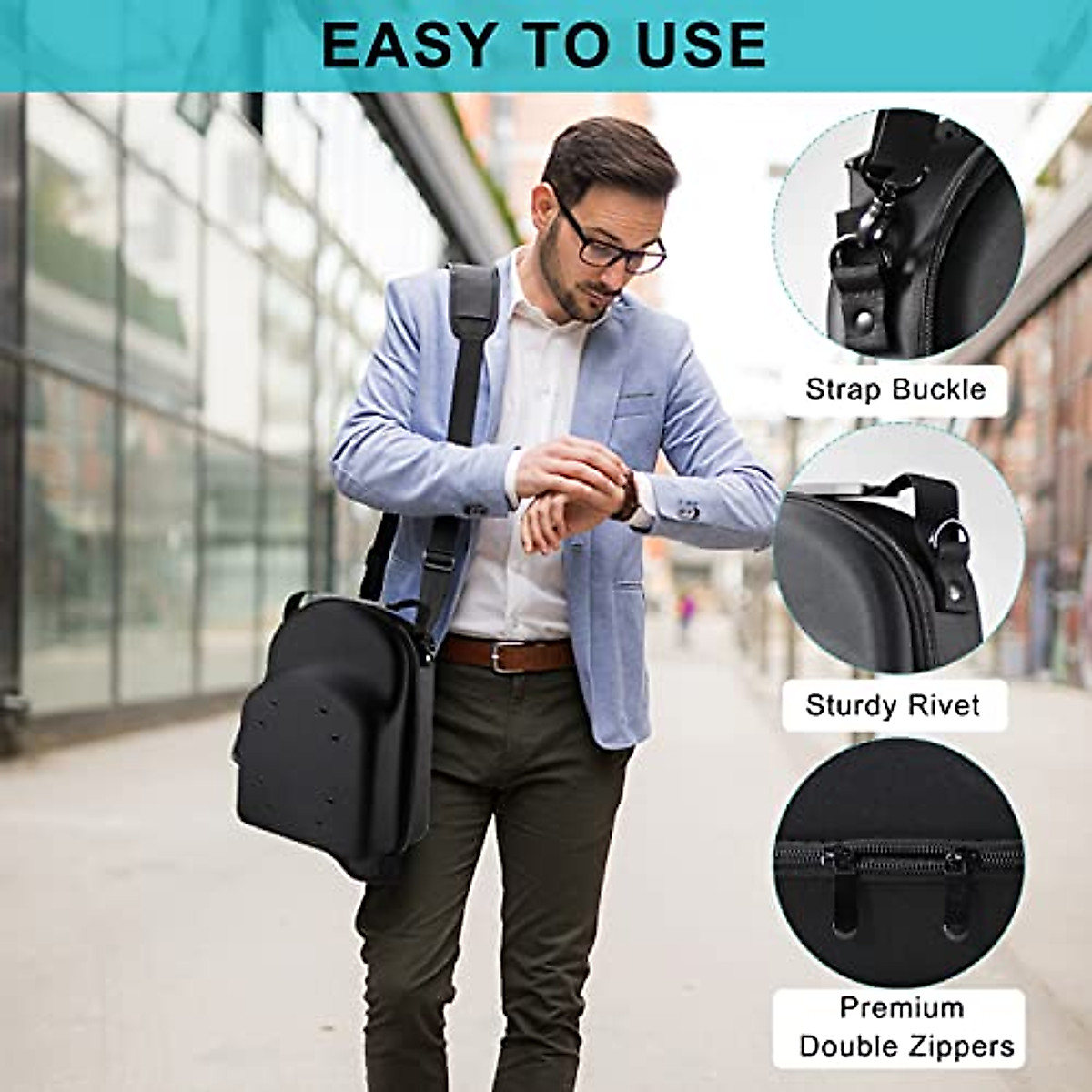 Newman iDesign Hat Travel Case: Hard Hat Case with Adjustable Shoulder Strap - Black Hat Holder for Travel Fits 6 Hats - Baseball Hats Organizer for Men and Women